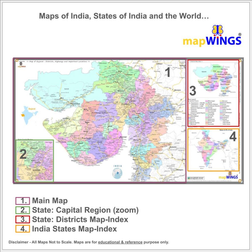 Maps of | Districts of | GUJARAT | on CANVAS with Eyelets | Districts, Important Locations ...